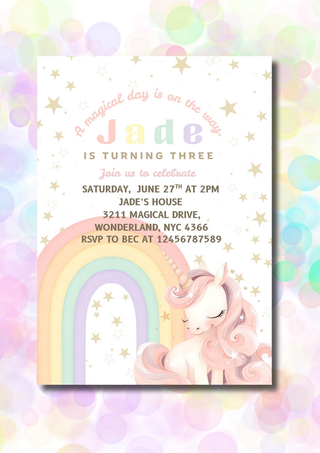 Editable Unicorn Birthday Invitation – Canva Template – Pastel Rainbow ...
