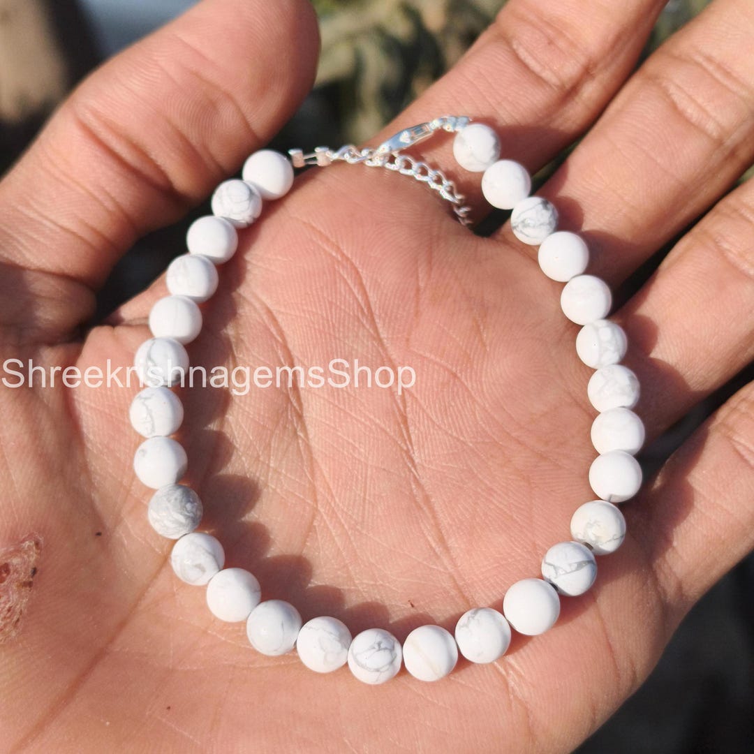 Howlite Bracelet 8mm White Gemstone Beads, Minimalist Sterling Silver ...