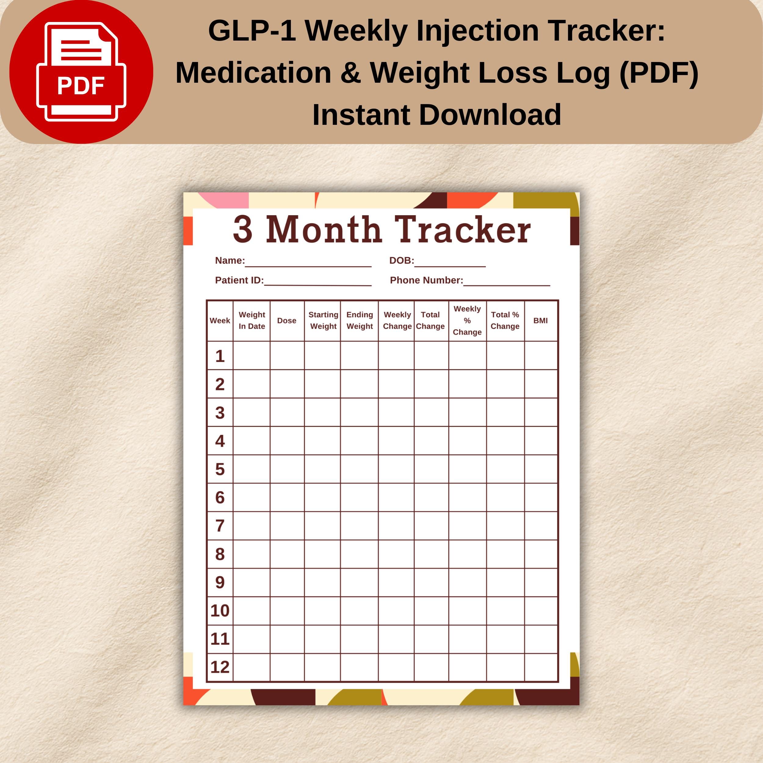 GLP-1 Weekly Injection Tracker: Medication & Weight Loss Log (PDF ...