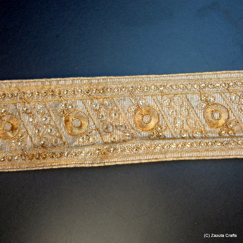 Gold trim Embellished trim Flower trim Gold Fabric trim | Etsy