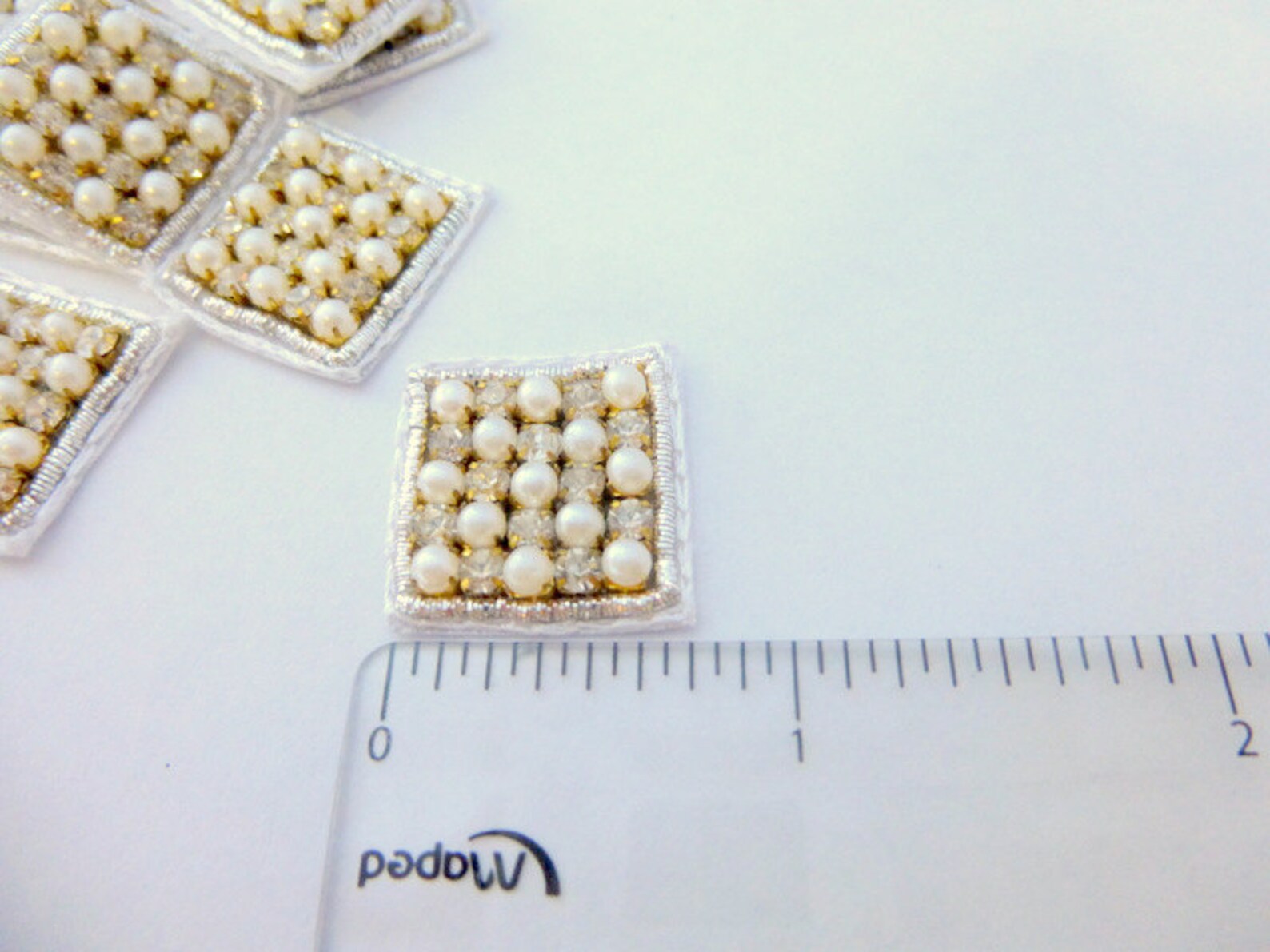 Bejeweled White and Gold Embroidered Square Applique 1 Pair | Etsy