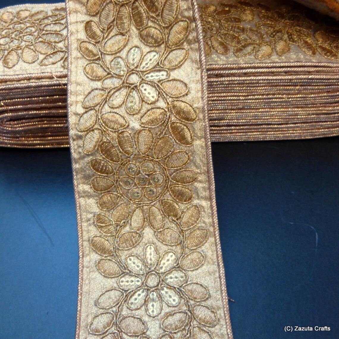 Gold trim Embellished trim Flower trim Gold Fabric trim | Etsy