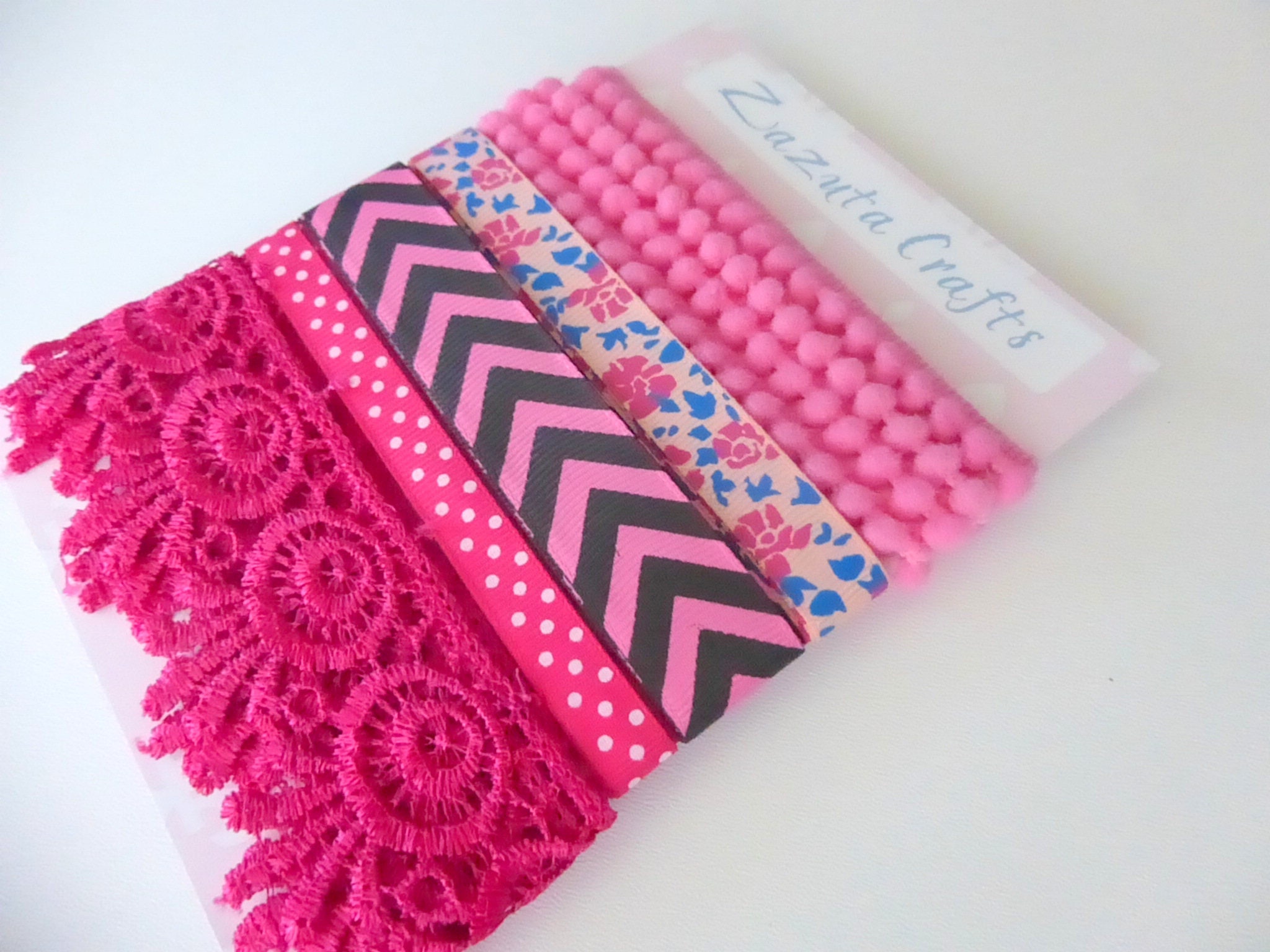 Pink ribbons scrap bag Mix of Crochet printed and pompom | Etsy