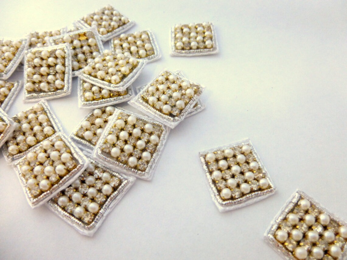 Bejeweled White and Gold Embroidered Square Applique 1 Pair | Etsy