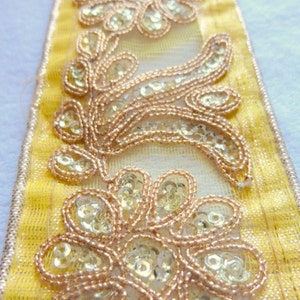 Yellow Net Fabric trim with flowers sequined fabric trim 1 | Etsy