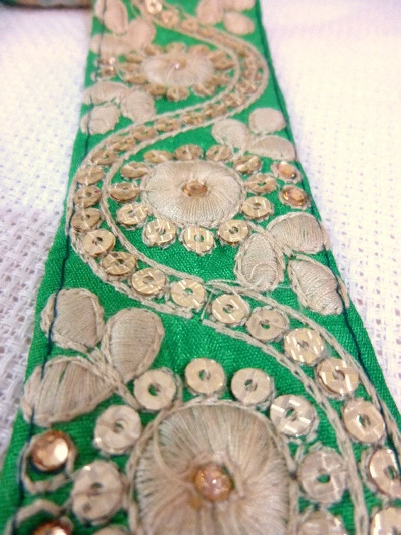 Green floral embroidered trim Decorative fabric trims | Etsy
