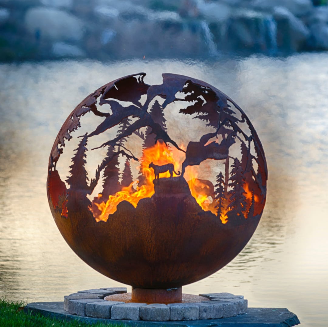 High Mountain Fire Pit - 37" Outdoor Hand Cut Steel Firepit Sphere ...