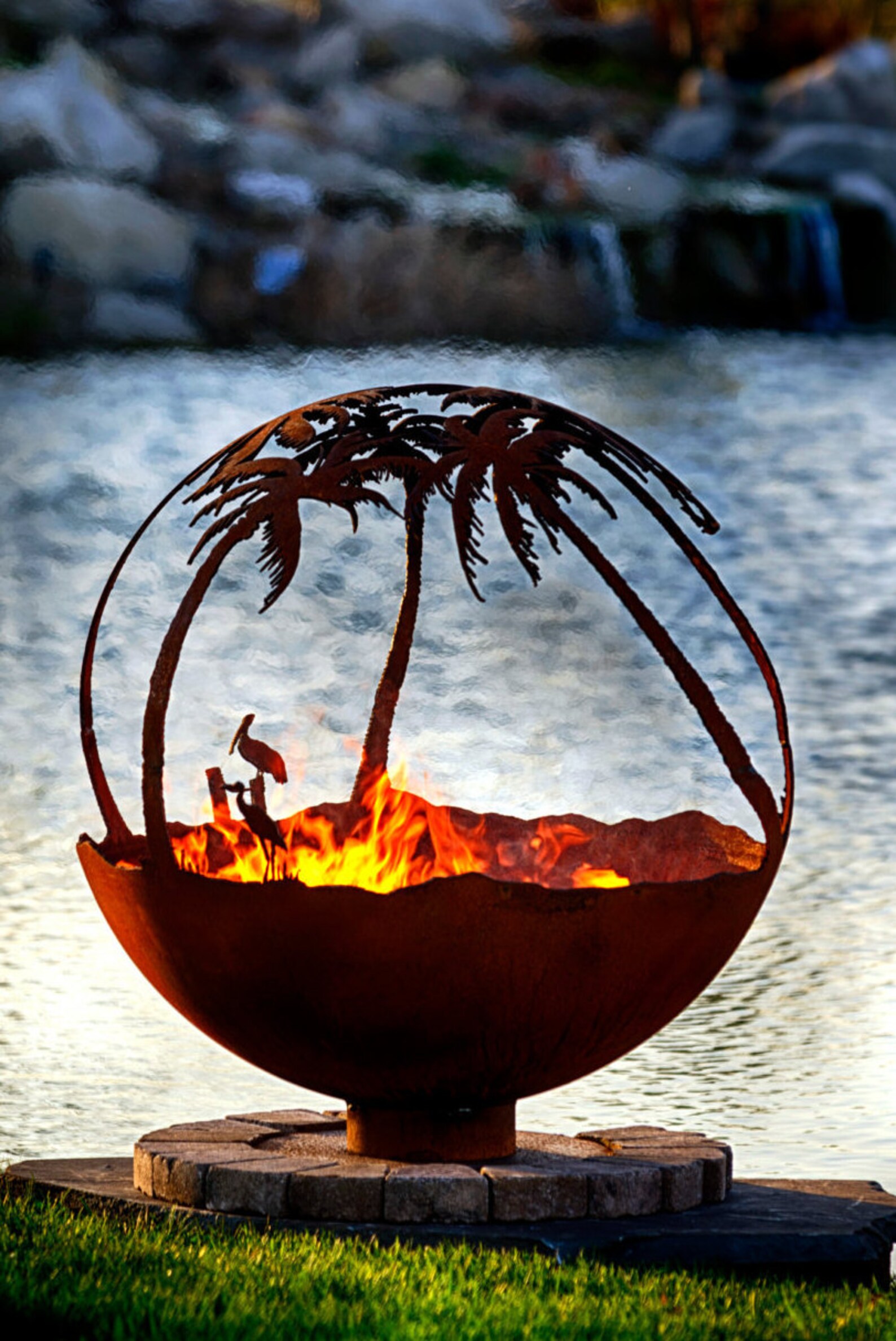 Another Day in Paradise Fire Pit - Palm Tree Firepit Sphere With Flat ...