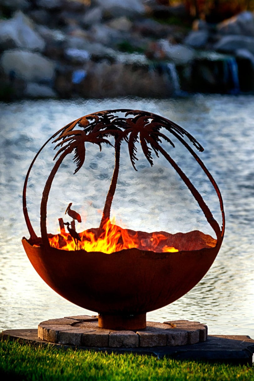 Another Day in Paradise Fire Pit - Palm Tree Firepit Sphere With Flat ...