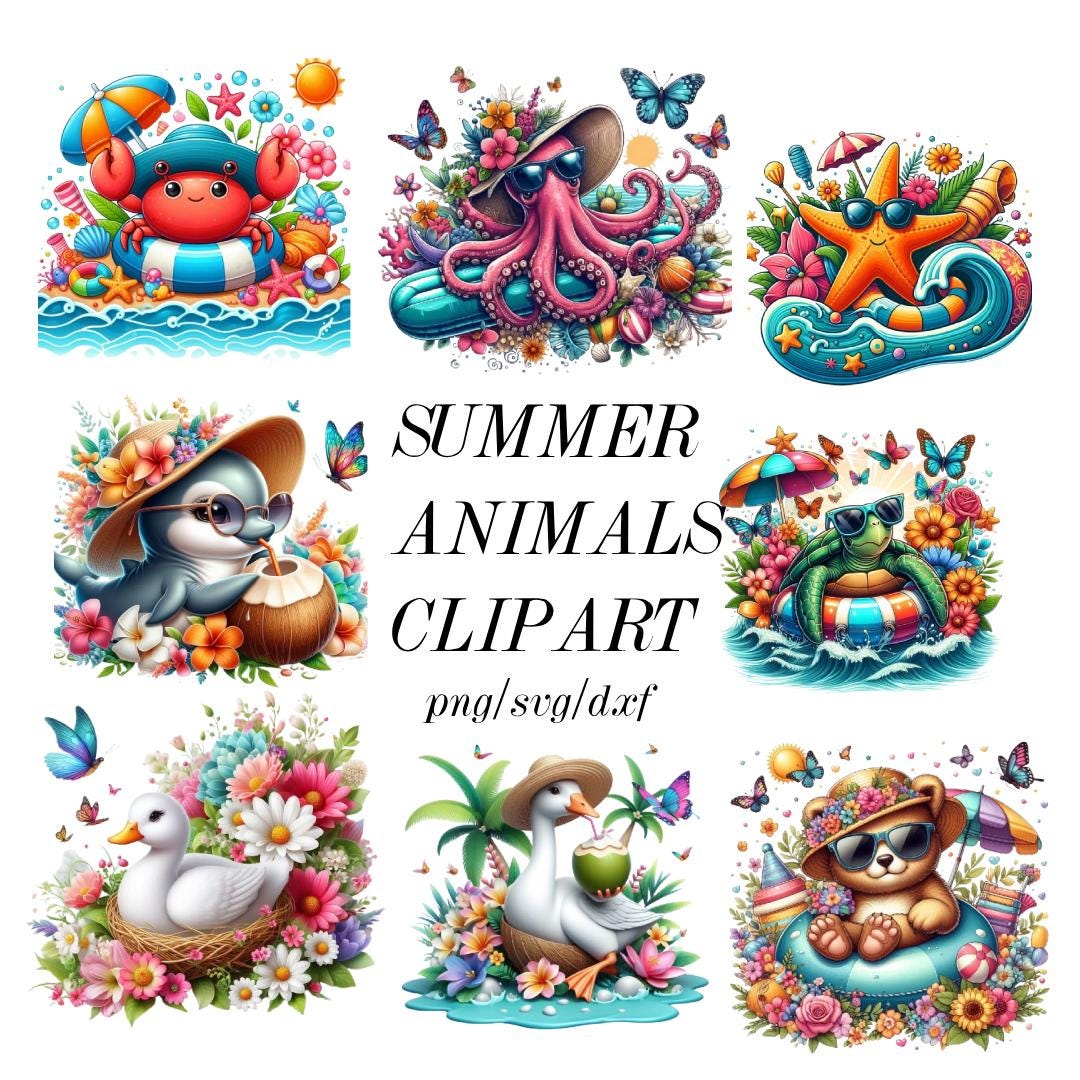 Funny Beach Day Clipart, Cute Animals PNG, Summer Animals Illustrations ...