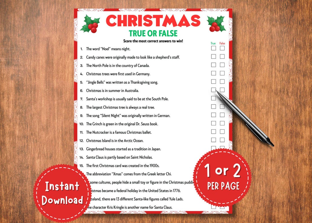 Christmas True or False Trivia Game | Holiday Quiz Printable for Family ...
