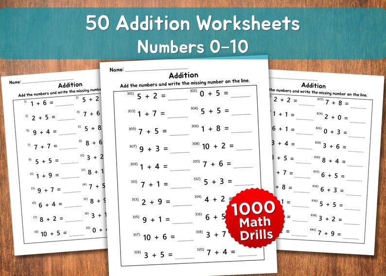 50 Addition Worksheets 0-10 | 20 Problems Each | Answers Included ...