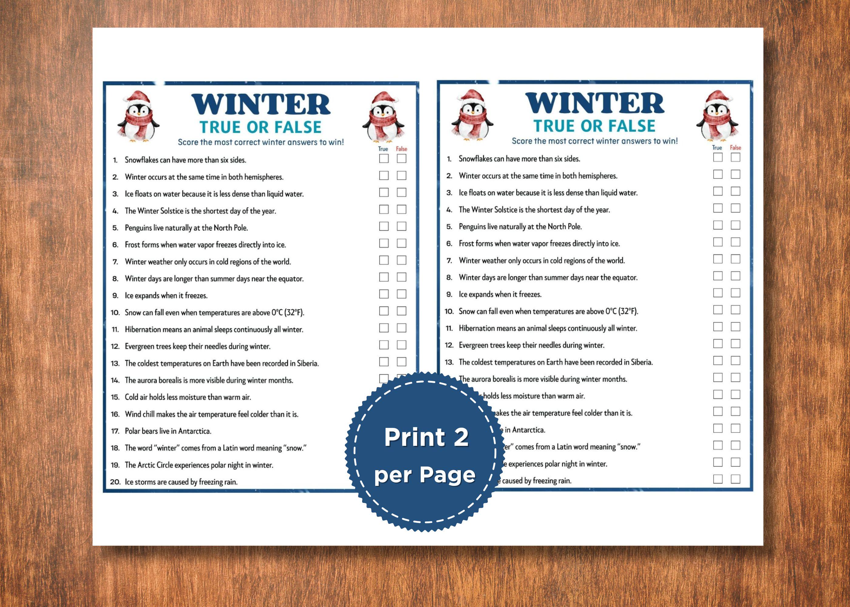 Winter True or False Trivia Game Printable | Winter Quiz for Kids ...