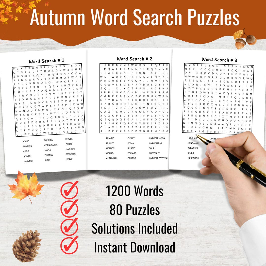 Autumn Word Search Printable – 80 Relaxing Fall Puzzles • 1200 Words ...