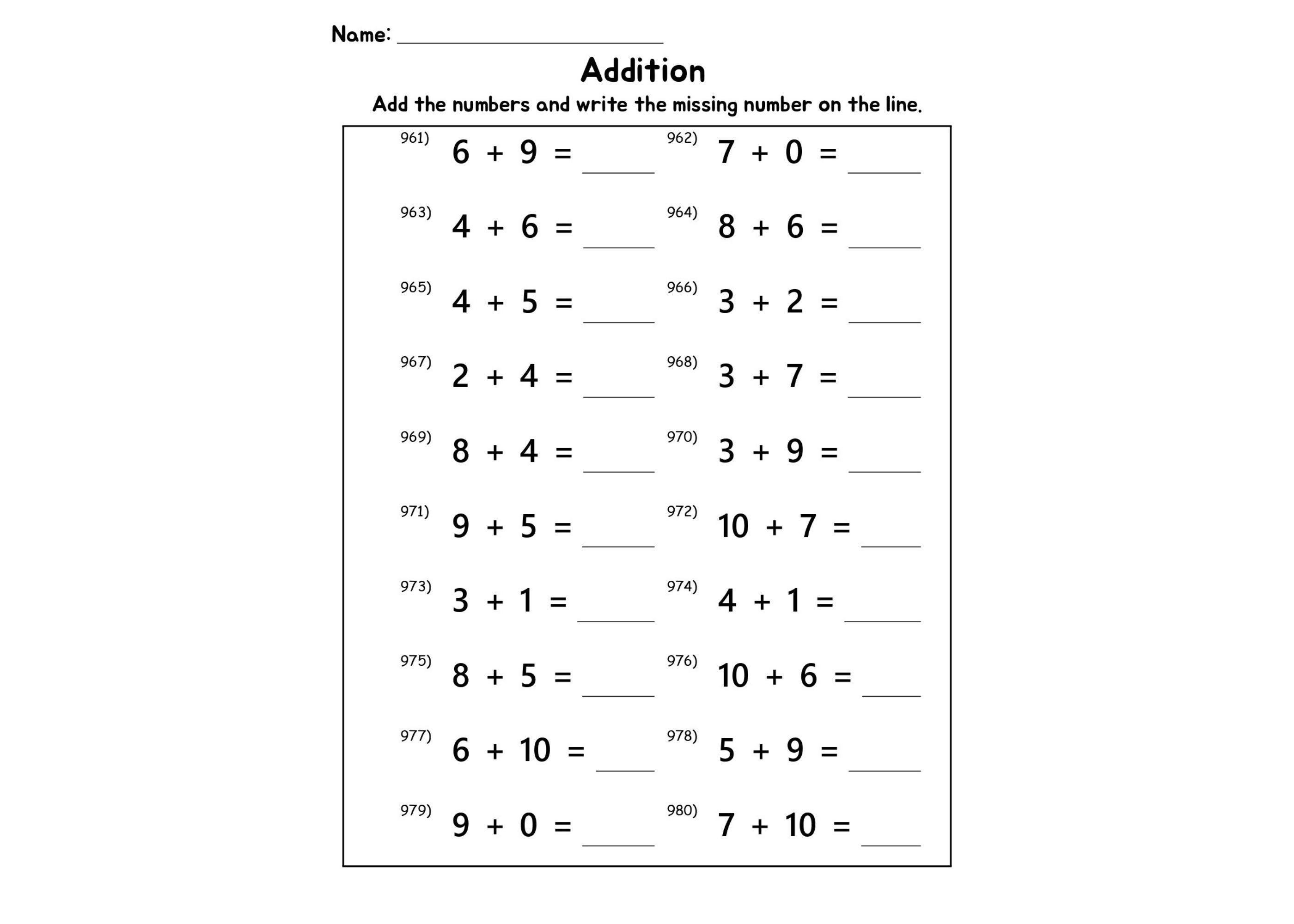50 Addition Worksheets 0-10 | 20 Problems Each | Answers Included ...
