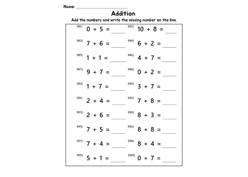 50 Addition Worksheets 0-10 | 20 Problems Each | Answers Included ...