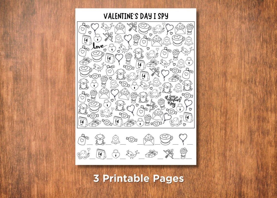 Valentine’s Day I Spy Coloring Worksheets | 3 Printable Seek-and-find ...