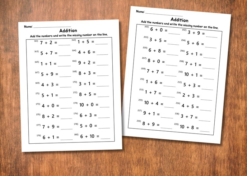 50 Addition Worksheets 0-10 | 20 Problems Each | Answers Included ...
