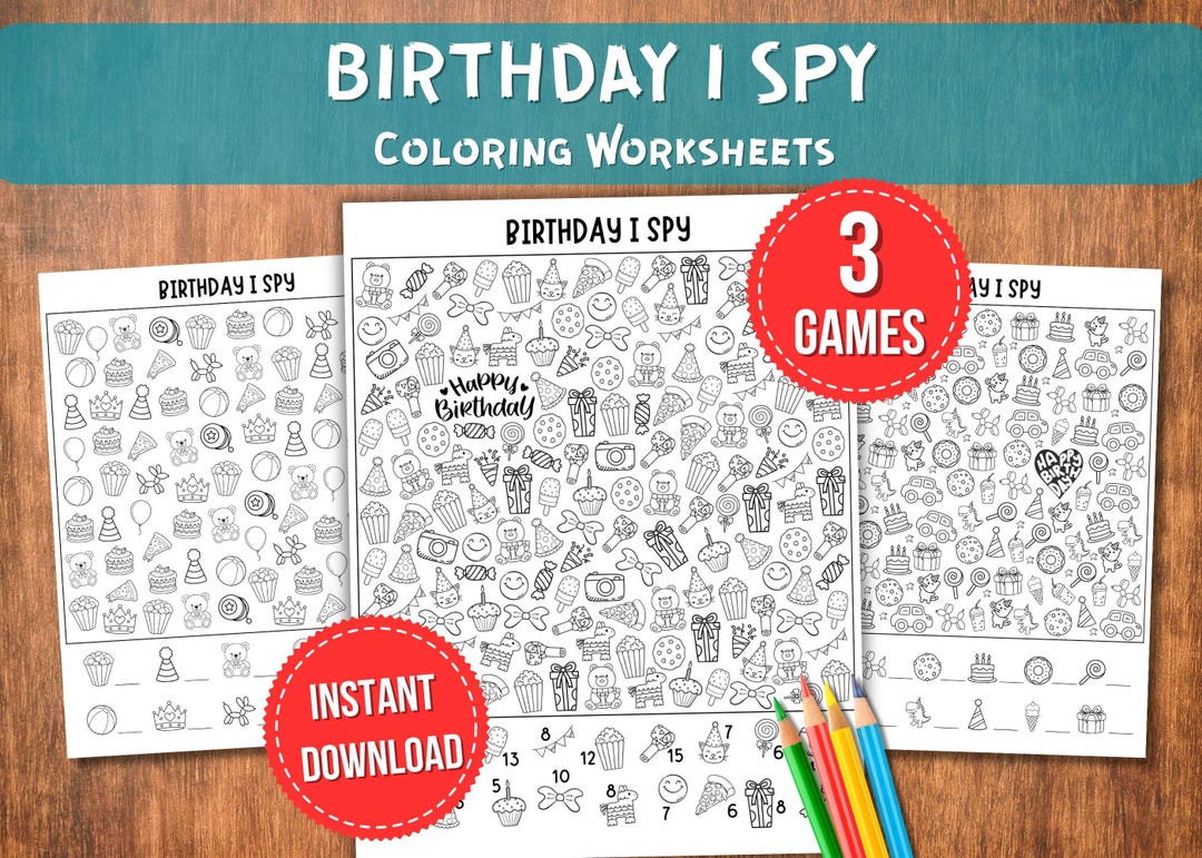 Birthday I Spy Game Coloring Worksheets | 3 Printable Seek-and-find ...