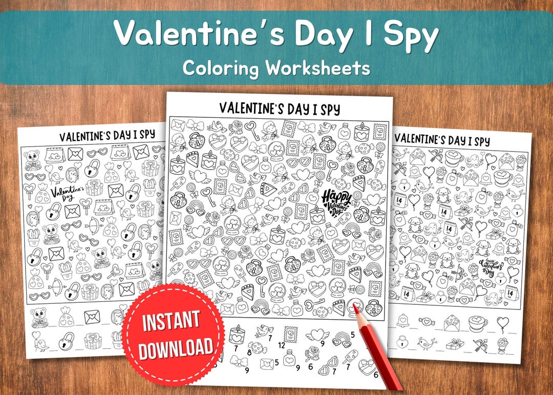 Valentine’s Day I Spy Coloring Worksheets | 3 Printable Seek-and-find ...