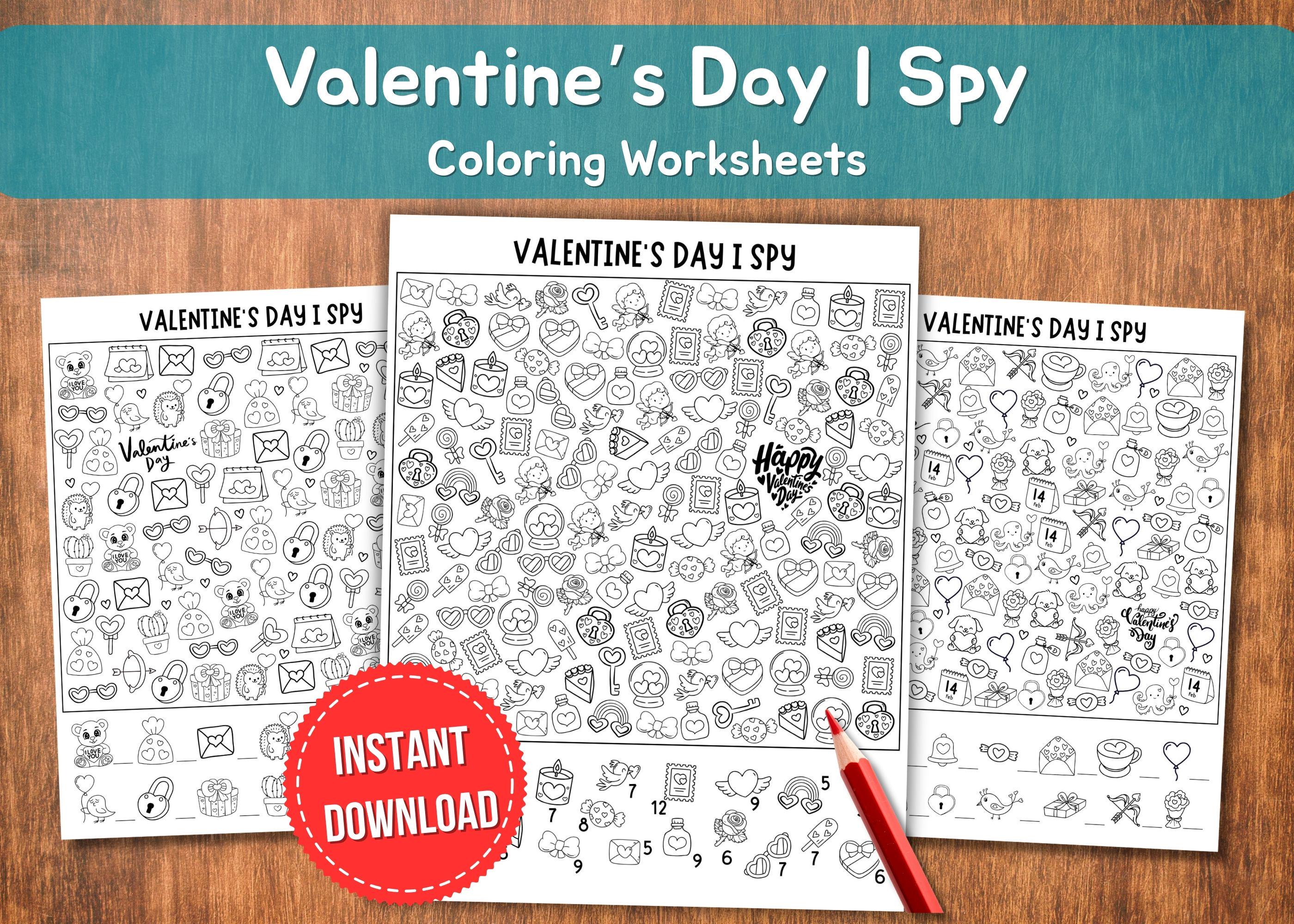 Valentine’s Day I Spy Coloring Worksheets | 3 Printable Seek-and-find ...