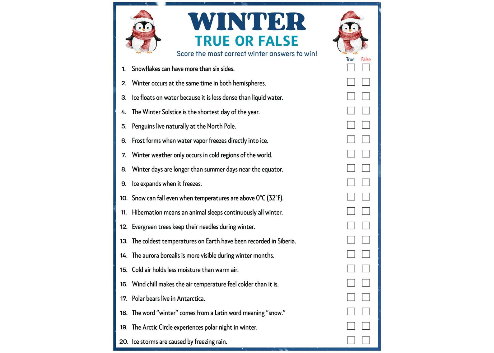 Winter True or False Trivia Game Printable | Winter Quiz for Kids ...
