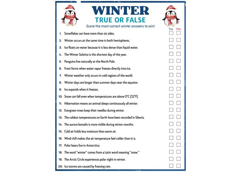 Winter True or False Trivia Game Printable | Winter Quiz for Kids ...