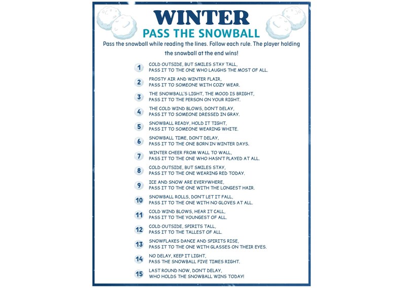 Winter Pass the Snowball Game Printable | Holiday Party Game for Kids ...