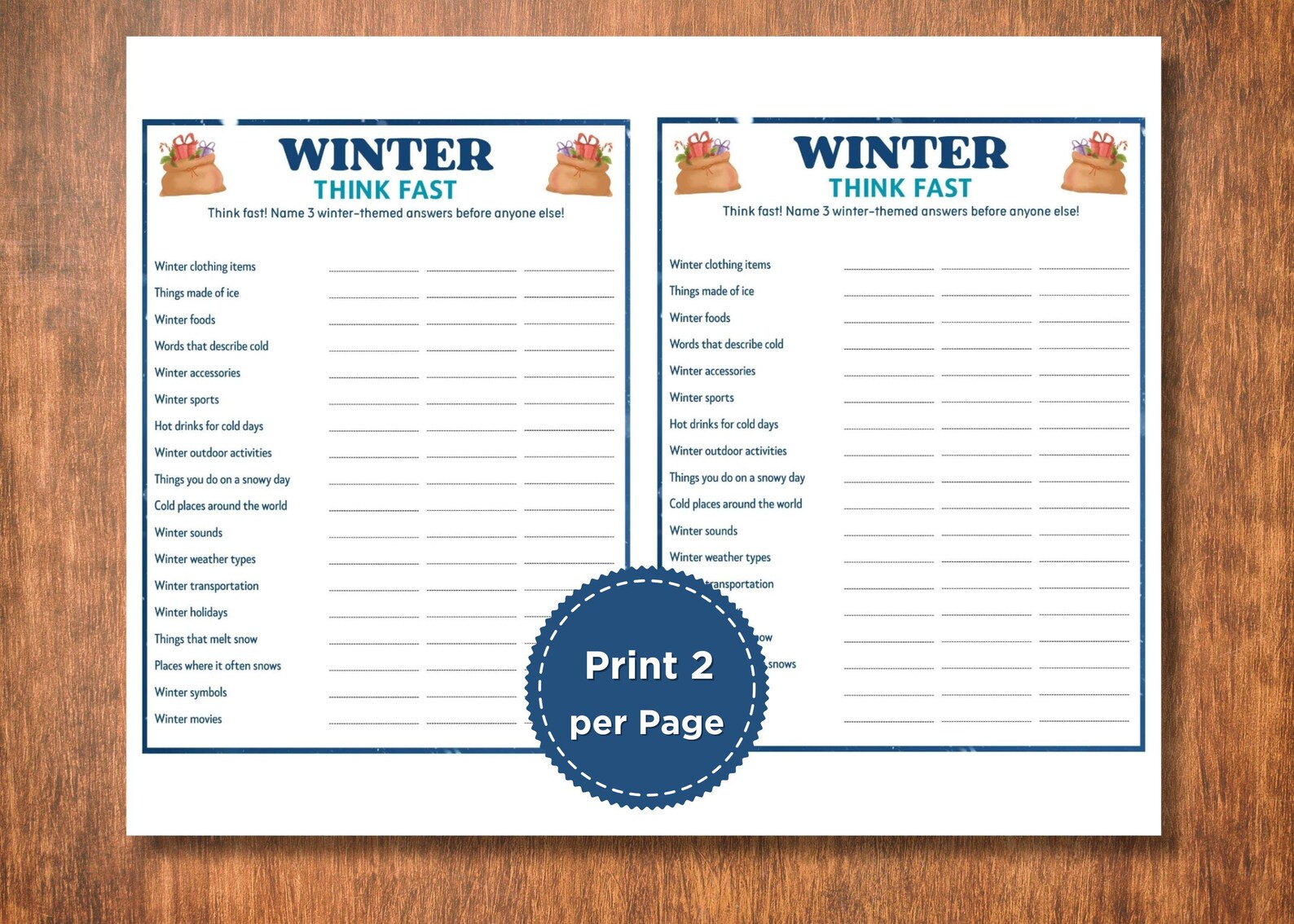 Winter Think Fast Game Printable | Name 3 Winter Words | Fun Family ...