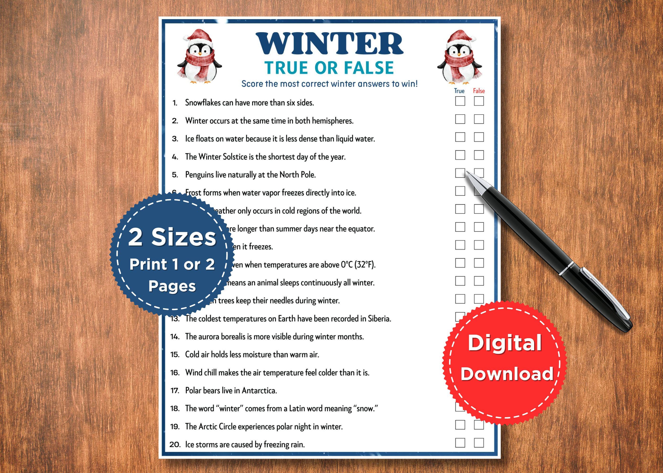 Winter True or False Trivia Game Printable | Winter Quiz for Kids ...