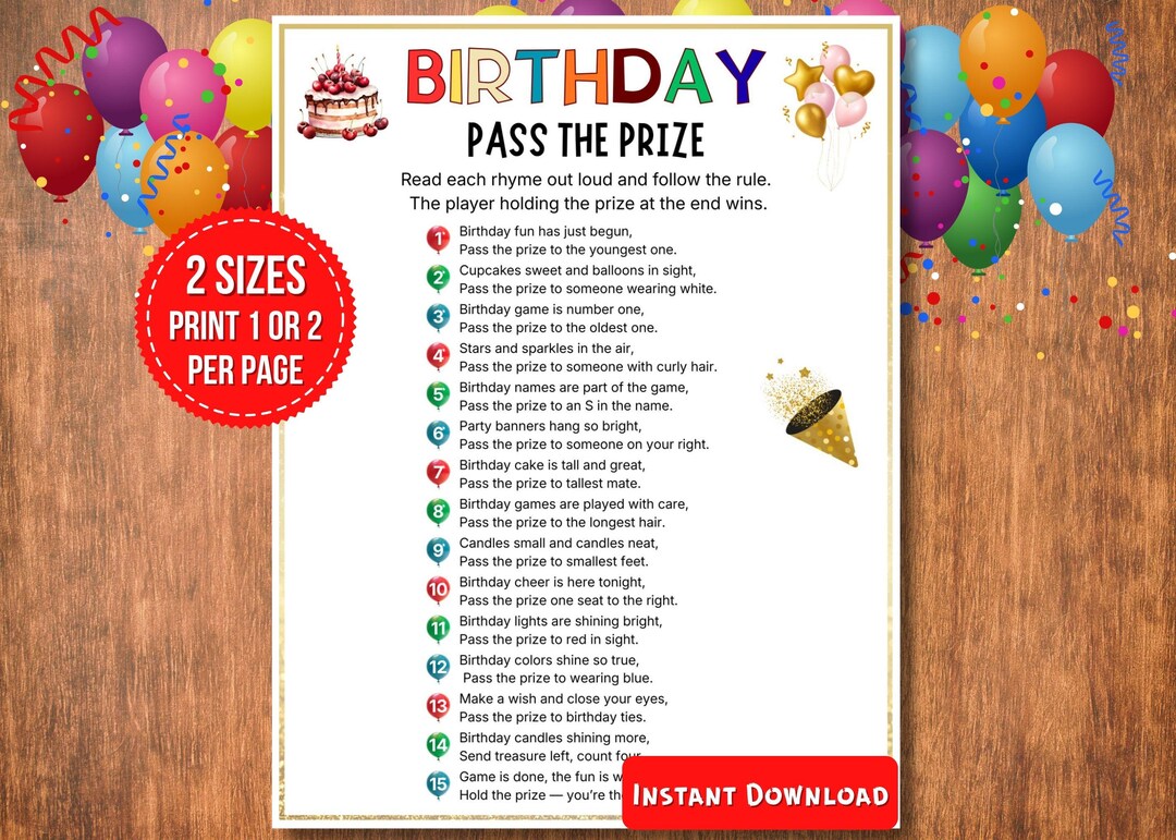 Birthday Pass the Prize Game | Printable Birthday Party Game | Fun Left ...