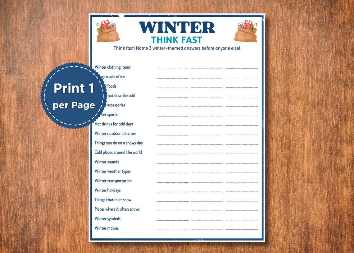 Winter Think Fast Game Printable | Name 3 Winter Words | Fun Family ...