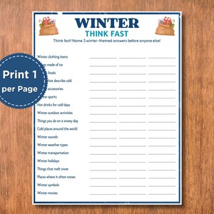 Winter Think Fast Game Printable | Name 3 Winter Words | Fun Family ...