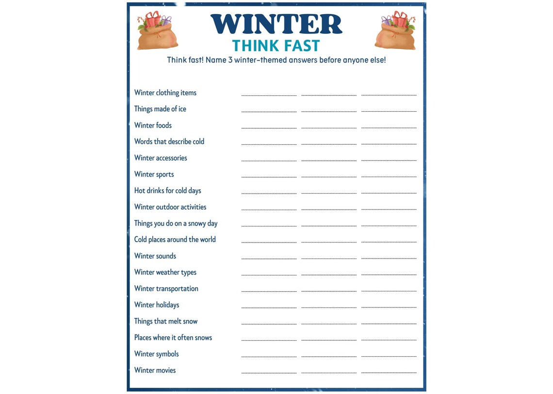 Winter Think Fast Game Printable | Name 3 Winter Words | Fun Family ...