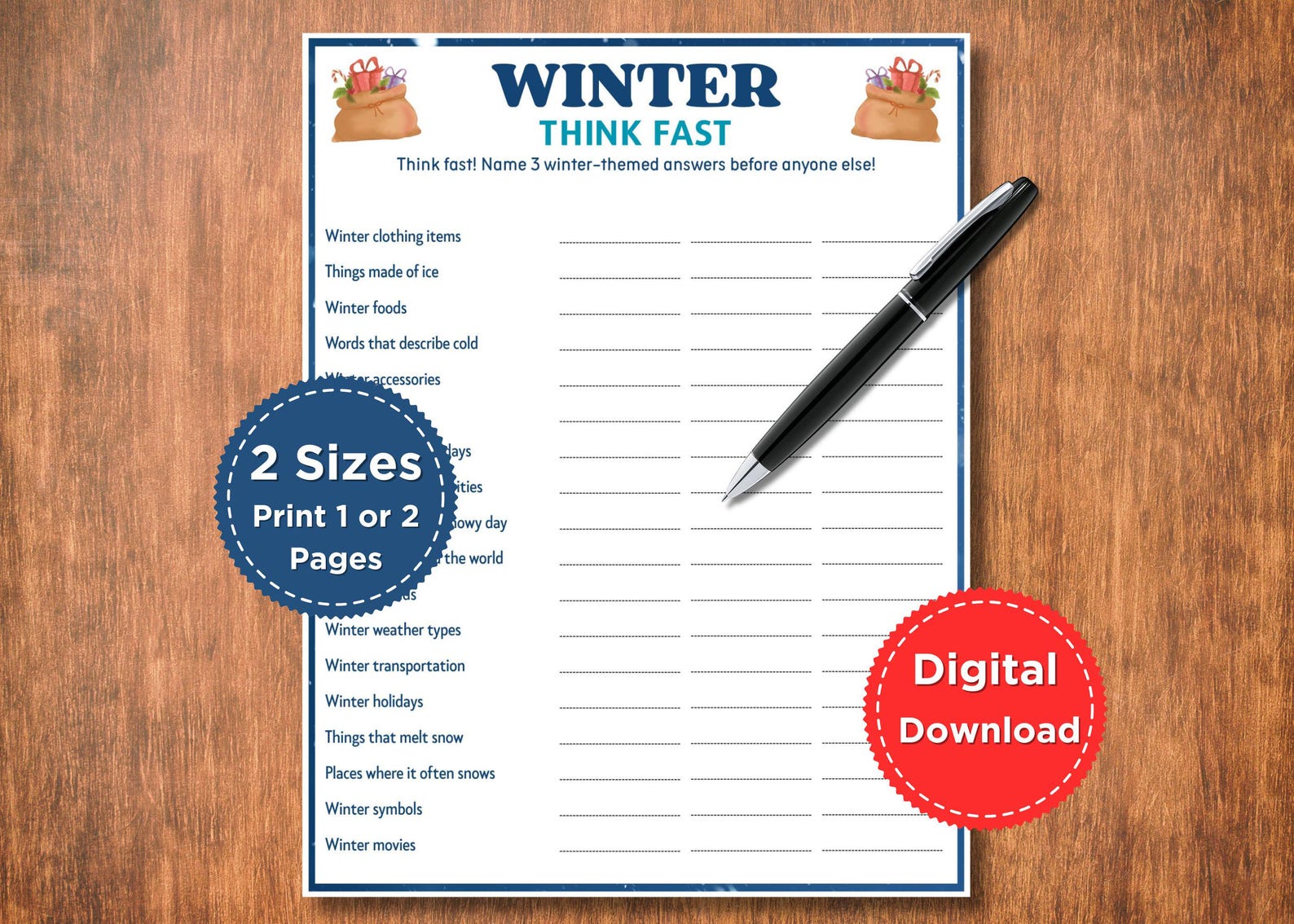 Winter Think Fast Game Printable | Name 3 Winter Words | Fun Family ...