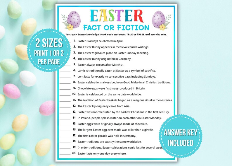 Easter Fact or Fiction Game Printable, Easter Trivia Quiz, Fun Easter ...