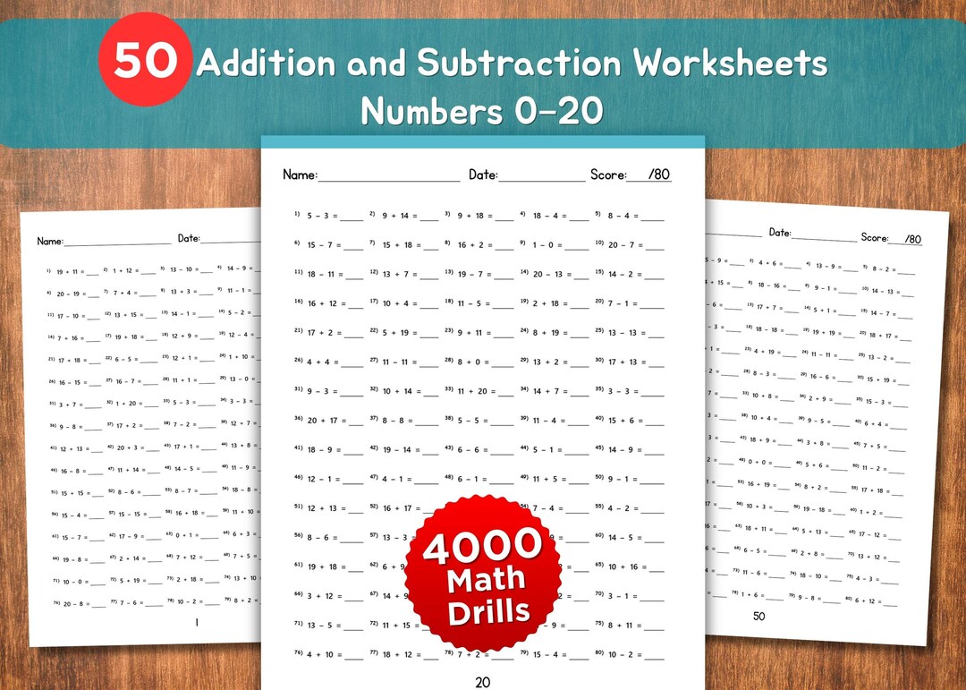 50 Addition and Subtraction Worksheets | Numbers 0-20 | 1st 2nd Grade ...
