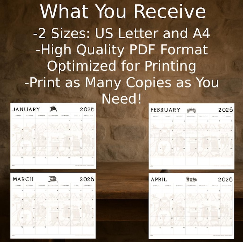 2026 Medieval Calendar Printable – Digital Download Wall Calendar ...
