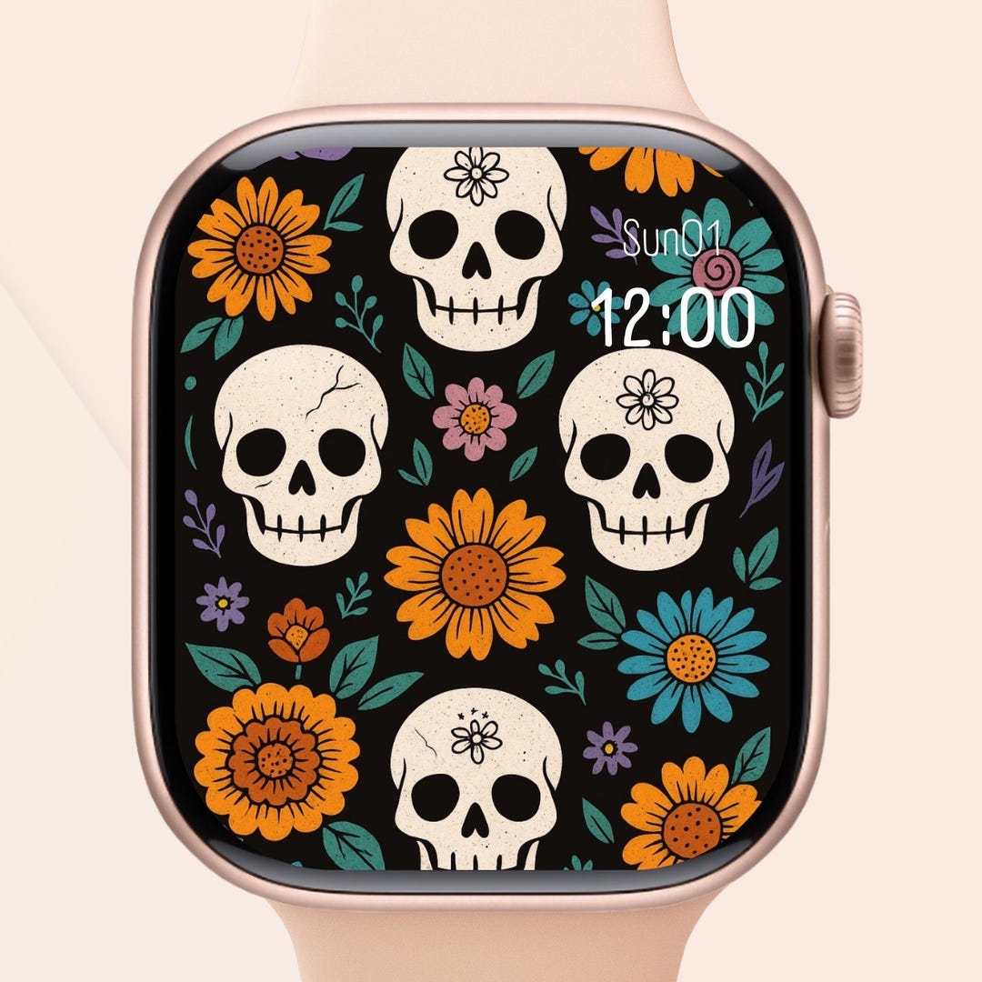 Skull Floral Apple Watch Wallpaper, Spooky Halloween Watch Face ...