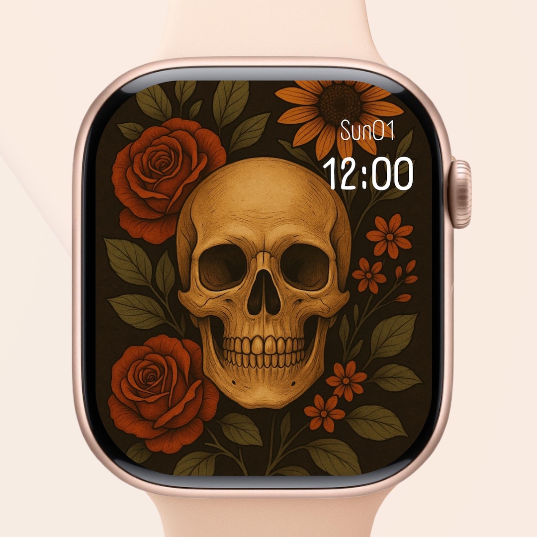 Gothic Skull Apple Watch Wallpaper: Vintage Floral Halloween Watch Face ...
