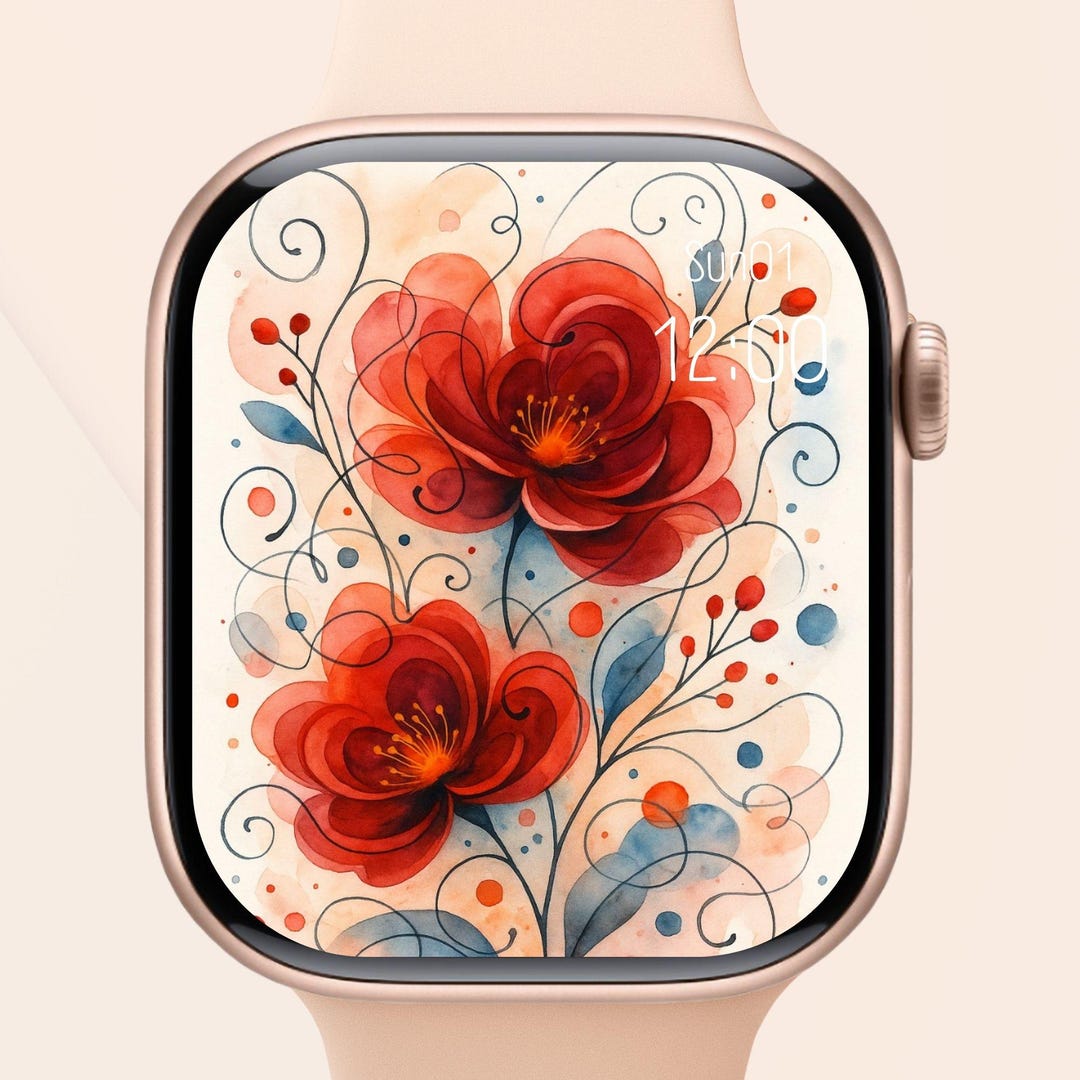 Red Floral Apple Watch Face - Watercolor Spring Flowers Digital ...