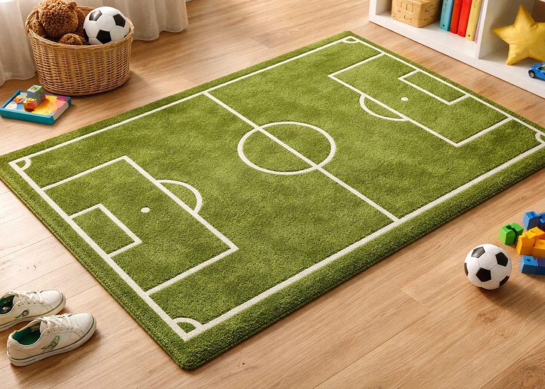Kids Soccer Field Handtufted Rug – Football Pitch Playroom Area Rug ...