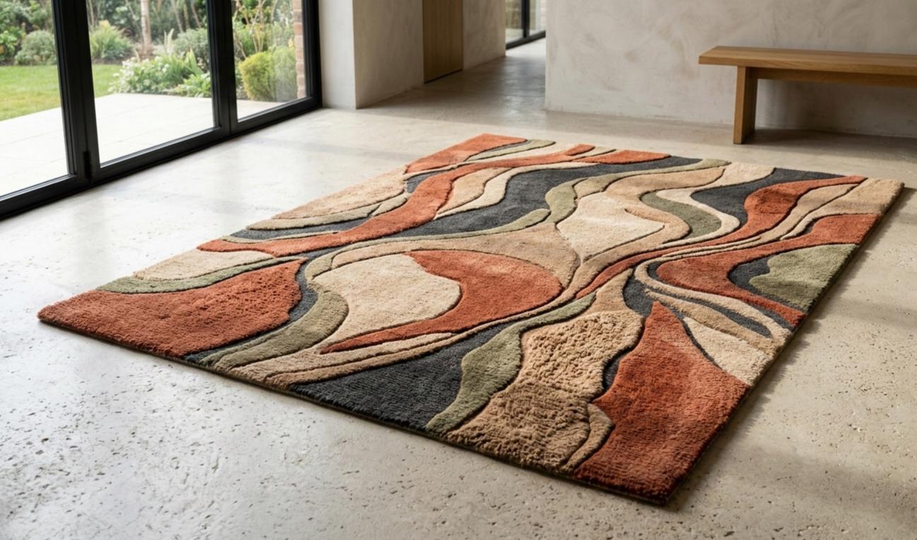 Modern Abstract Earth Tone Area Rug, Wavy Organic Pattern Carpet, Rust ...