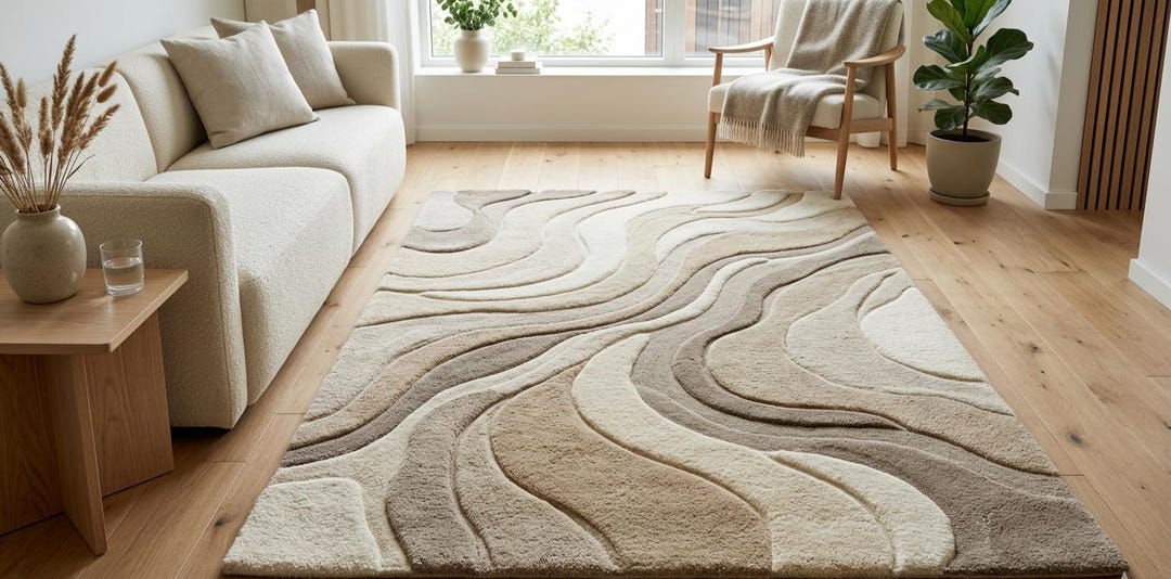 Neutral Abstract Wavy Rug: Modern Beige Cream Textured Living Room ...