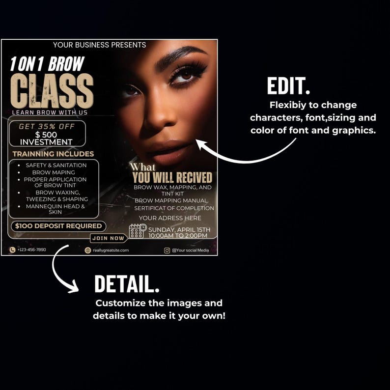 Brow Masterclass Flyer Template, Editable Eyebrow 1 on One Class Flyer ...