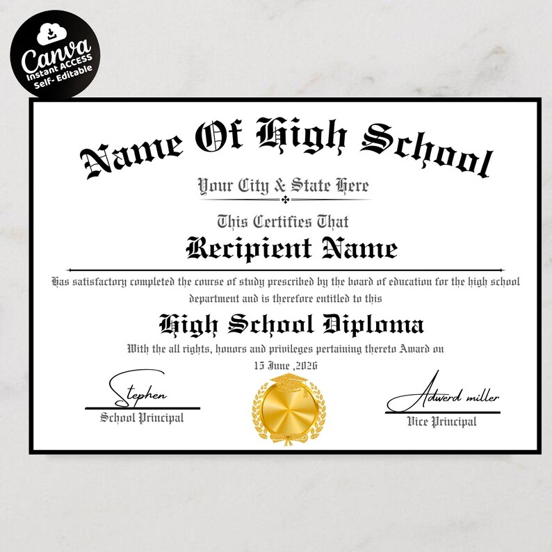 Editable High School Diploma Template: Printable Graduation Certificate ...