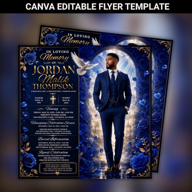 Blue & Gold Funeral Announcement Flyer: Celebration of Life (canva ...