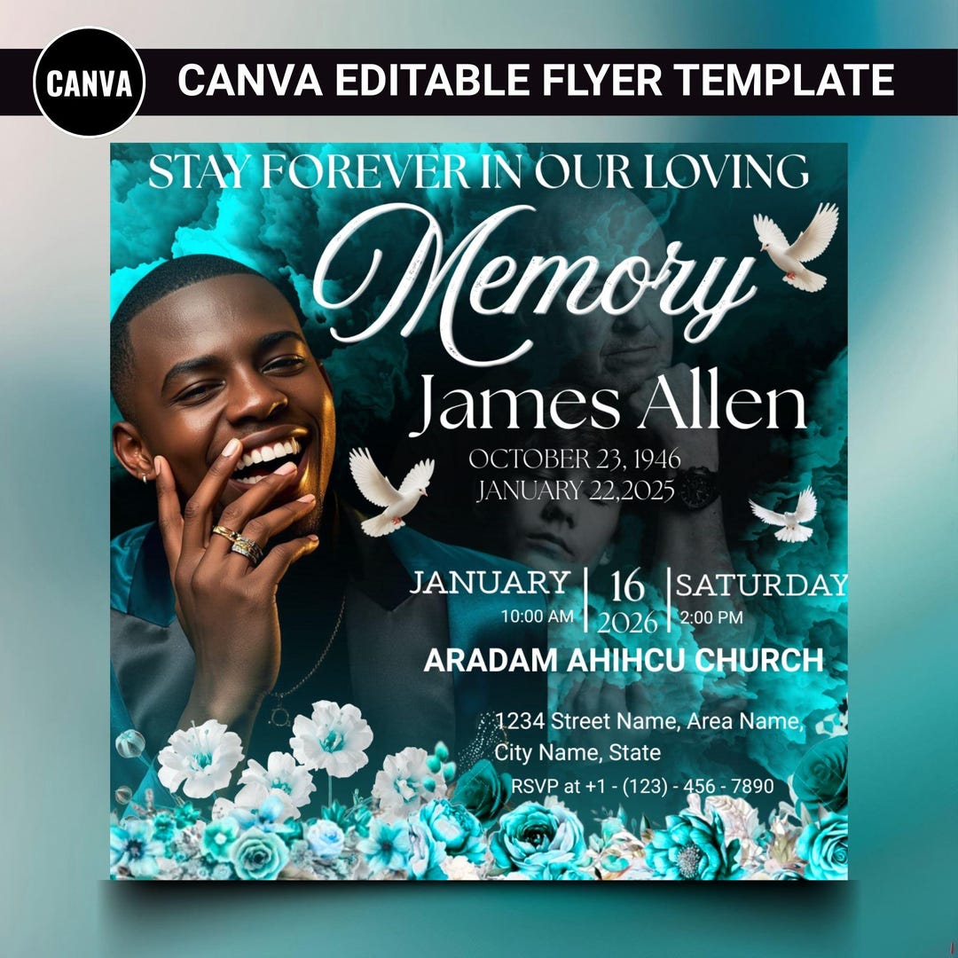 Editable Funeral Flyer & Memorial Announcement Template in Teal, RIP ...