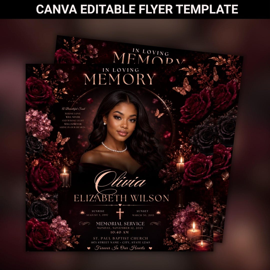 Red Roses Funeral Announcement Flyer: Celebration of Life Invitation ...