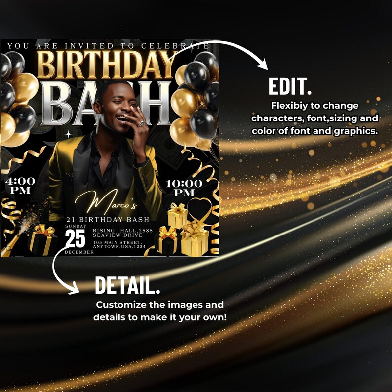 Men's Birthday Party Invite, Black & Gold Club Event, Birthday Bash ...